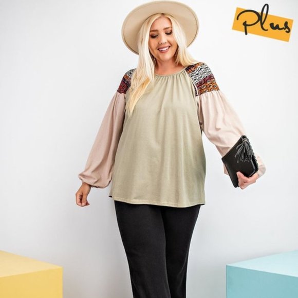 easel | Tops | Easel Plus Olive Colorblock Mix Bubble Sleeve Top | Poshmark